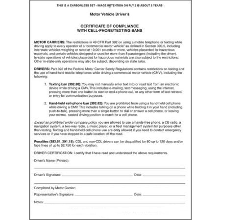 Motor Vehicle Cell Phone Call and Text Ban Certificate of Compliance ...