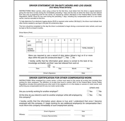 Drivers Statement of On Duty Hours Intermittent Casual or Occasional D ...